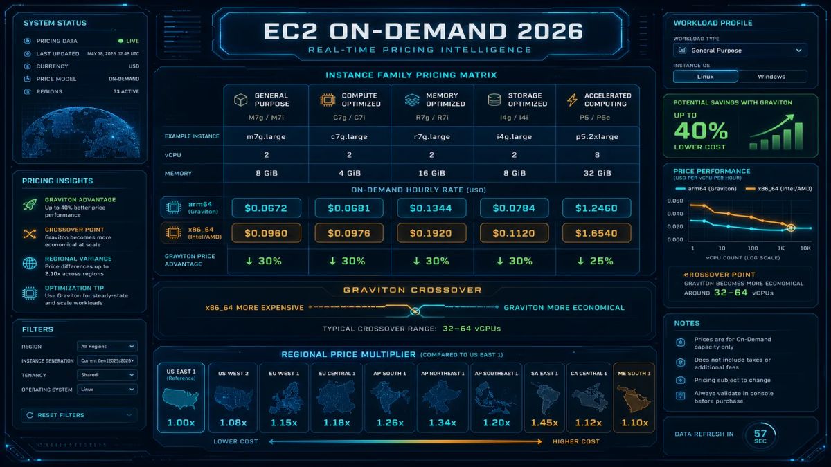 EC2 On-Demand Pricing: Families, Regions, Graviton Crossover